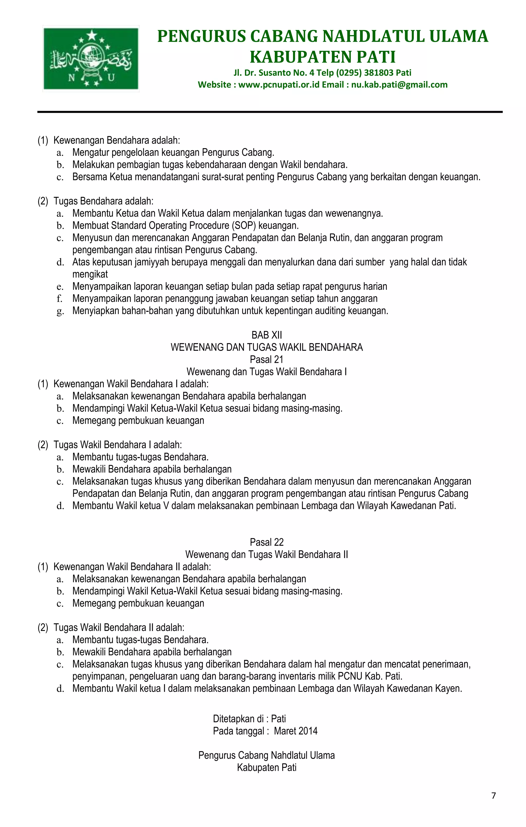 Peraturan organisasi tentang pembagian tugas dan wewenang pcnu kab ...