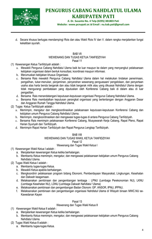 Peraturan organisasi tentang pembagian tugas dan wewenang pcnu kab ...