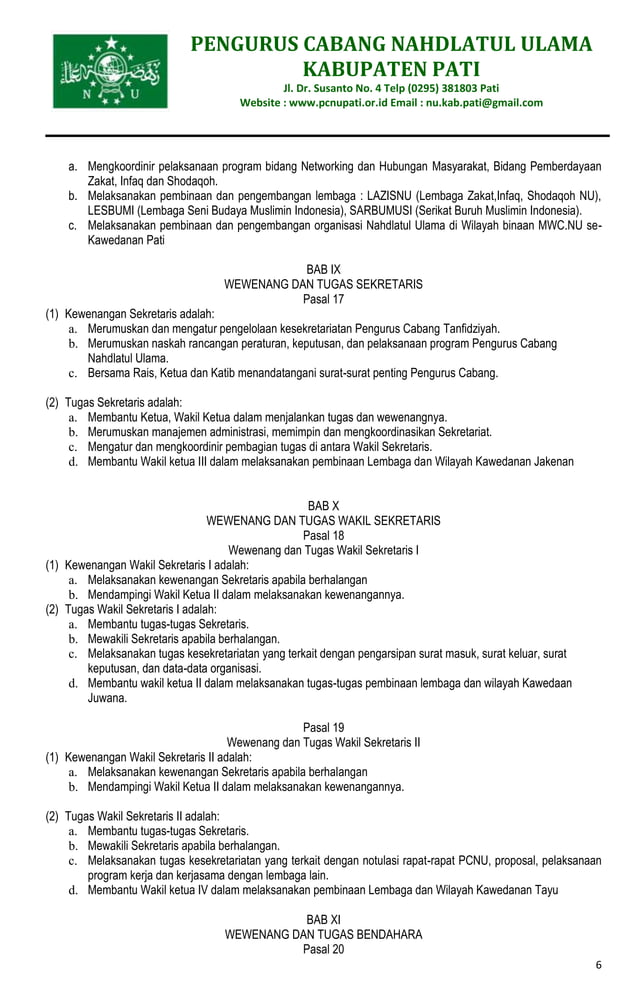 Peraturan organisasi tentang pembagian tugas dan wewenang pcnu kab ...