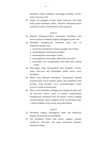 Perbawaslu 4 tahun 2019 tentang kode etik panwascam dan jajaran di bawahnya | PDF