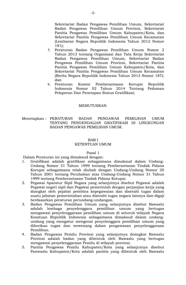 Perbawaslu no. 6 tahun 2015 tentang Pengendalian Gratifikasi | PDF