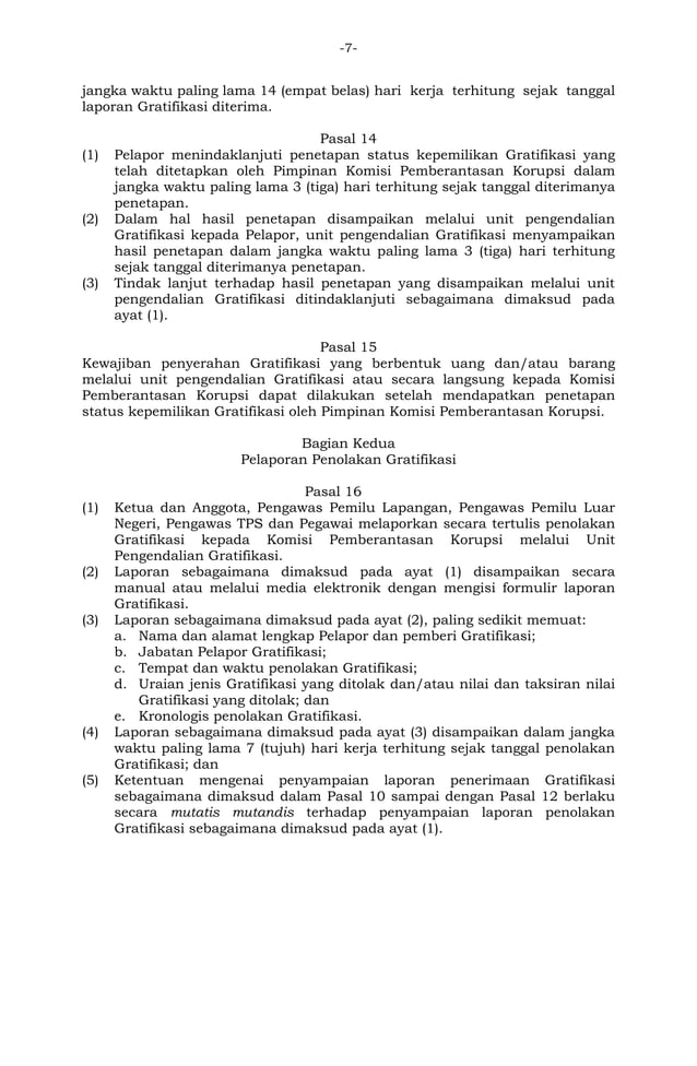 Perbawaslu no. 6 tahun 2015 tentang Pengendalian Gratifikasi | PDF