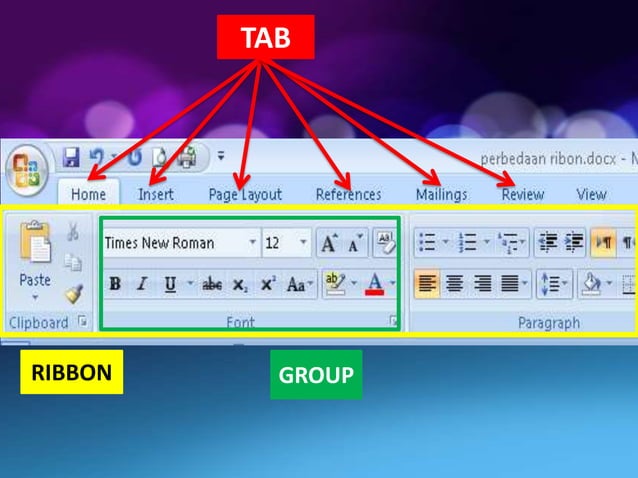 Perbedaan antara tab, ribbon | PPTX