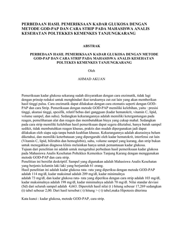 Perbedaan hasil pemeriksaan kadar glukosa dengan metode god | DOCX