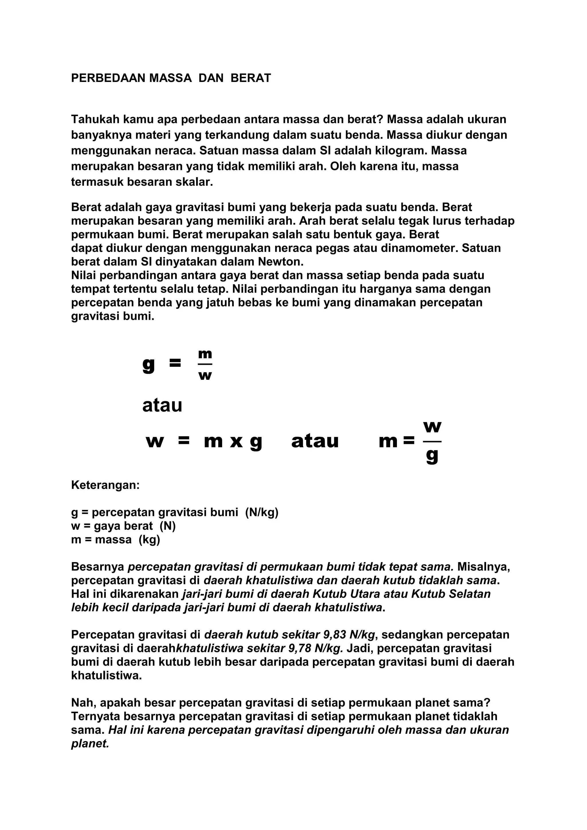 Perbedaan massa dan berat soal dan pembahasan ipa fisika smp kelas 9 | DOCX