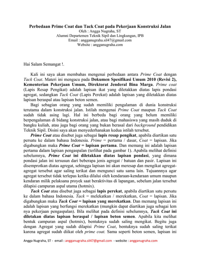 Perbedaan prime coat dan tack coat pada pekerjaan konstruksi jalan | PDF