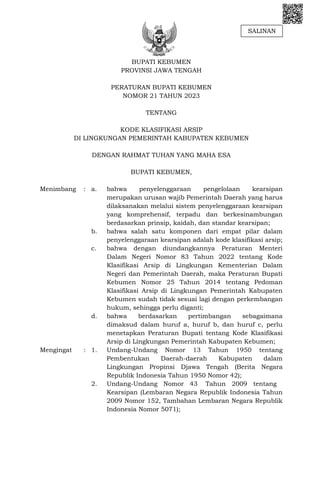 PERATURAN BUPATI TENTANG KODE KLASIFIKASI ARSIP | PDF