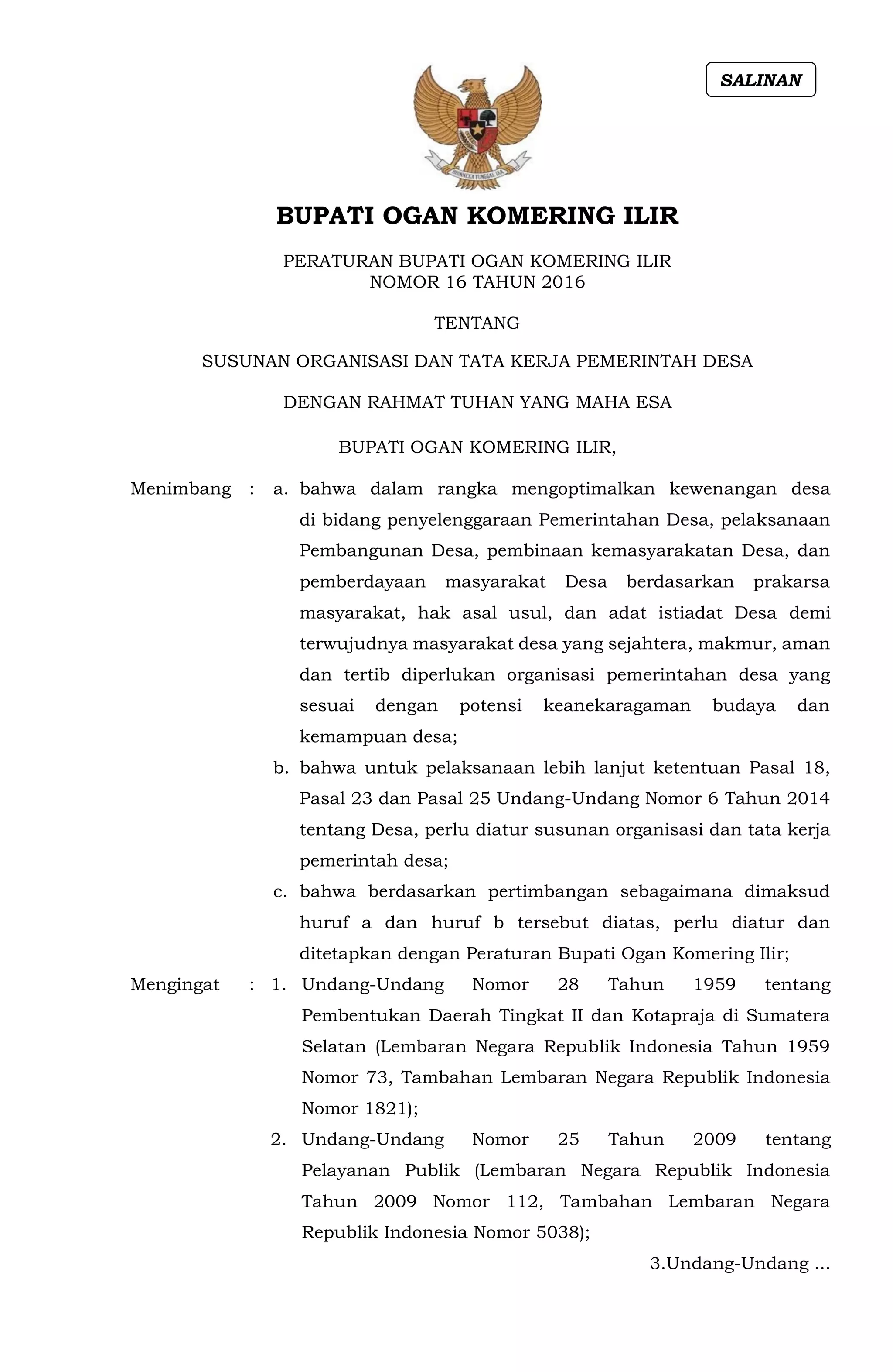 Perbup no 16 th 2016 sotk pemdes | PDF