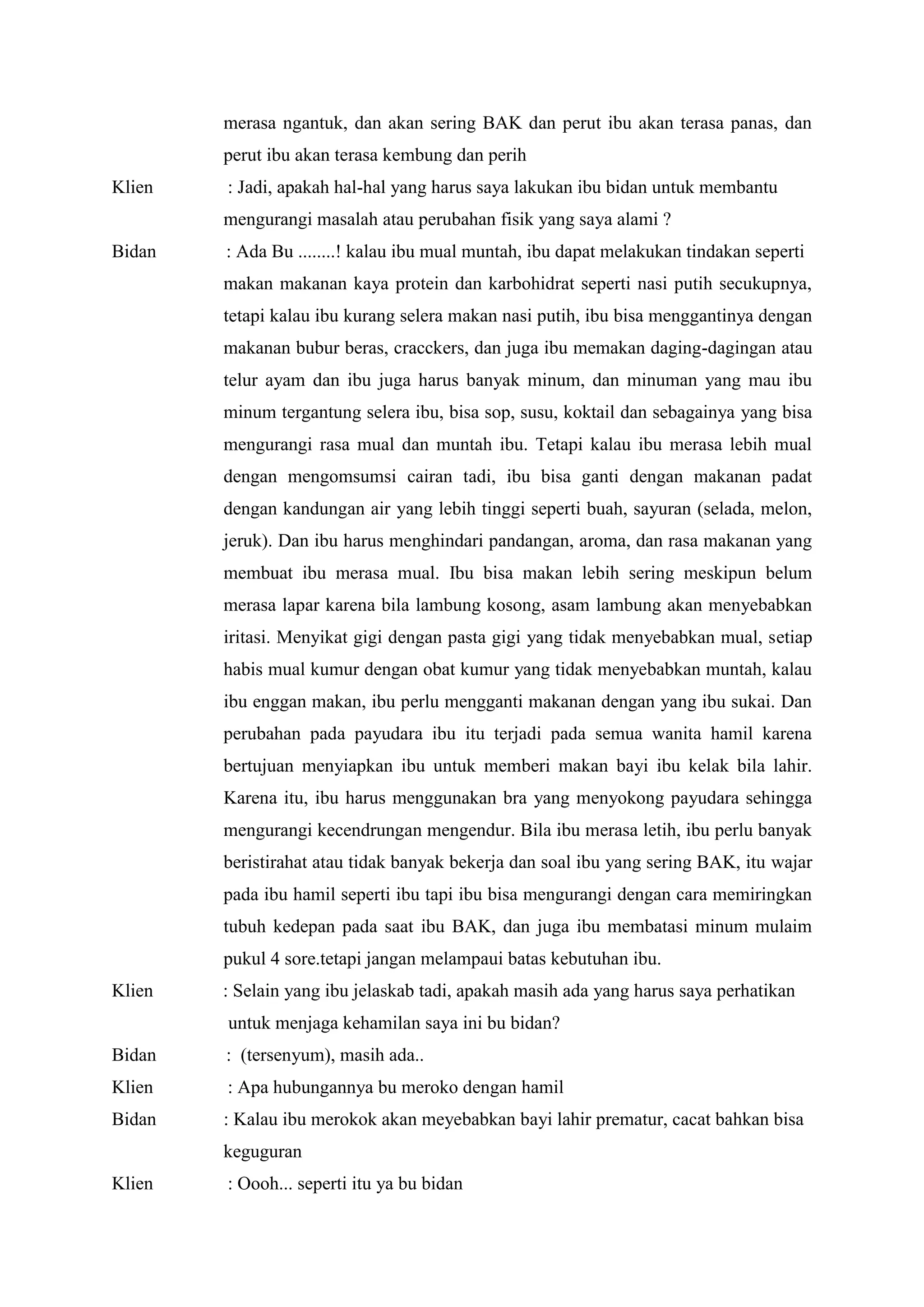 Percakapan konseling antara bidan dengan pada ibu hamil | DOCX