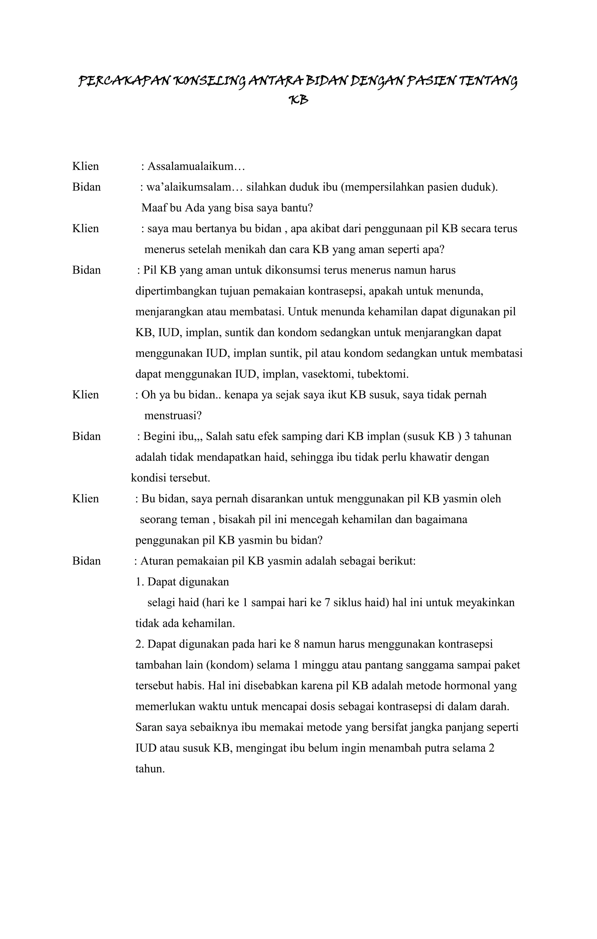 Percakapan konseling antara bidan dengan pasien tentang kb | DOCX