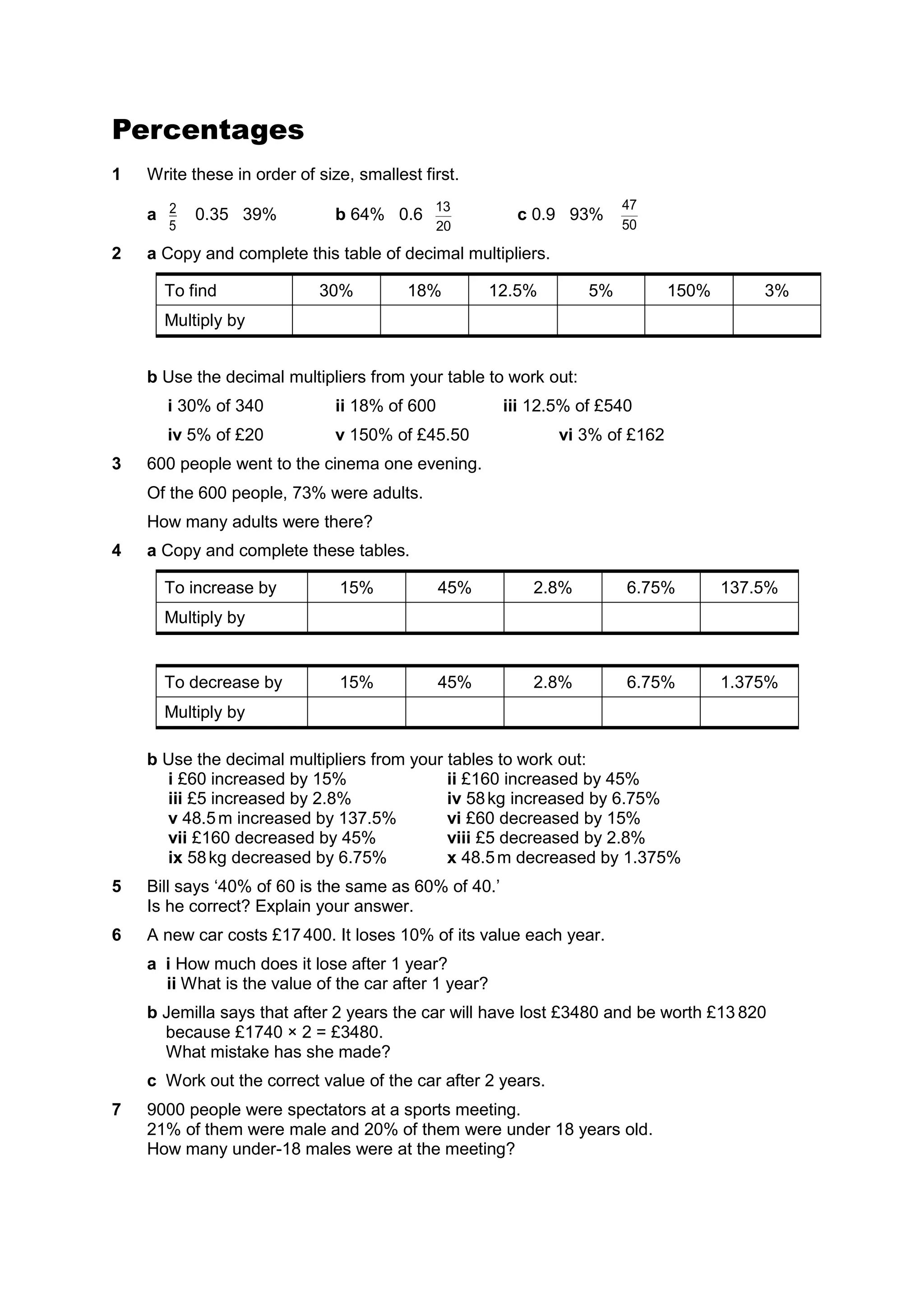 Percentages worksheet | PDF
