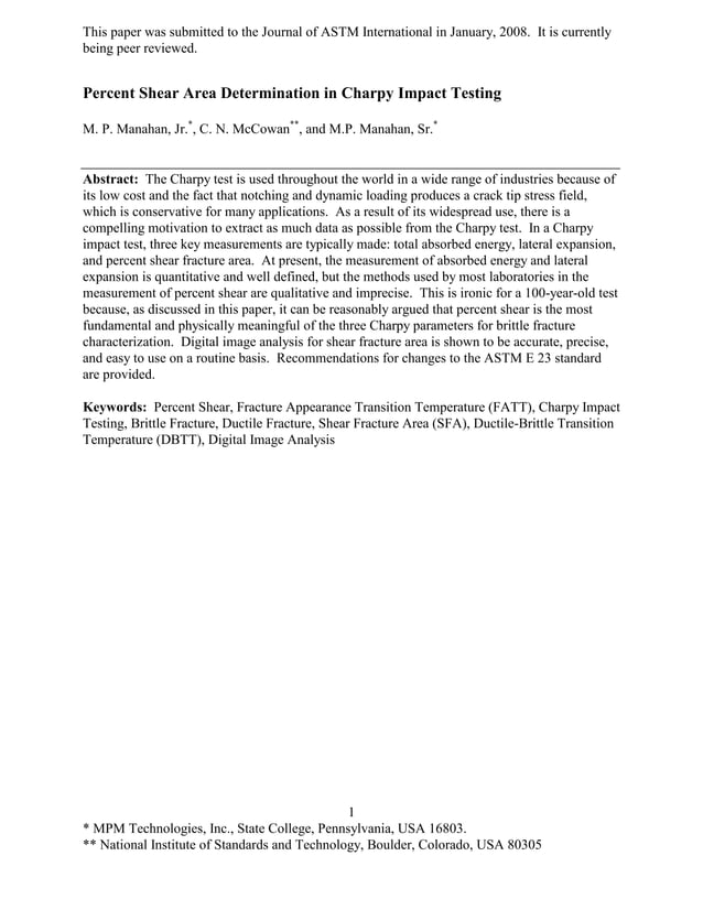 Percent shear area determination in charpy impact testing | PDF