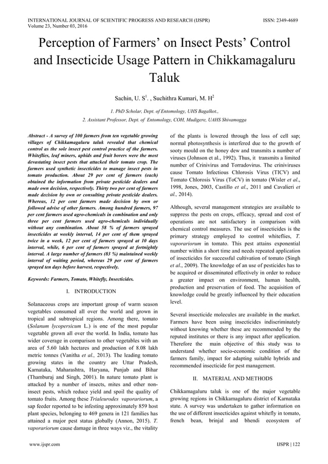 Perception of farmers’ on insect pests’ control and insecticide usage pattern in chikkamagaluru ...