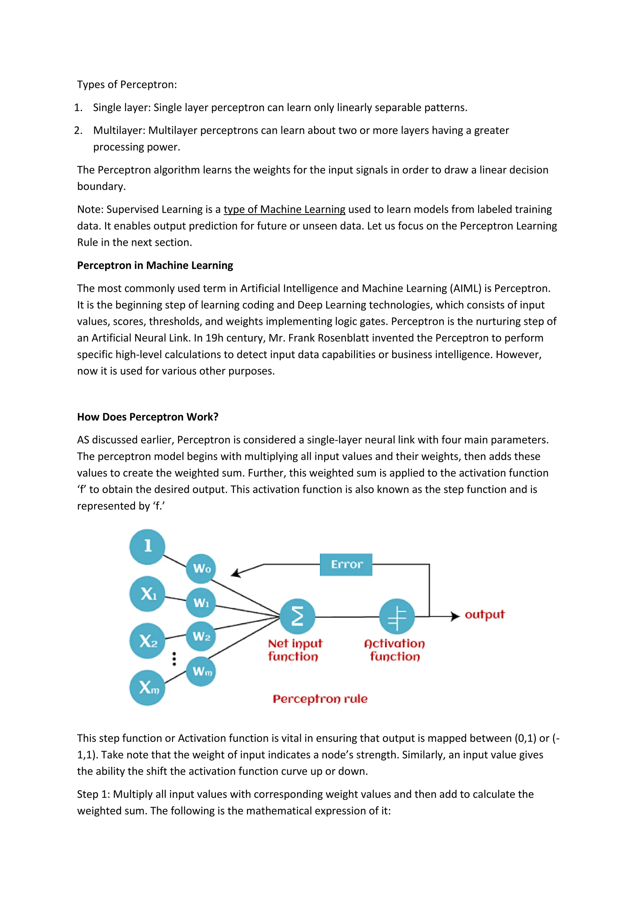 Perceptron Study Material with XOR example | PDF