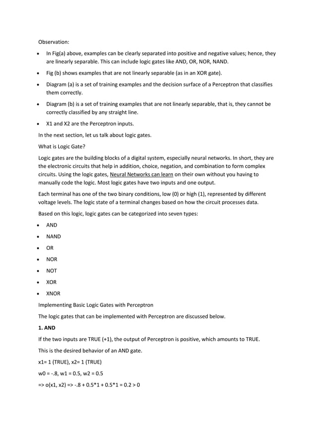 Perceptron Study Material with XOR example | PDF