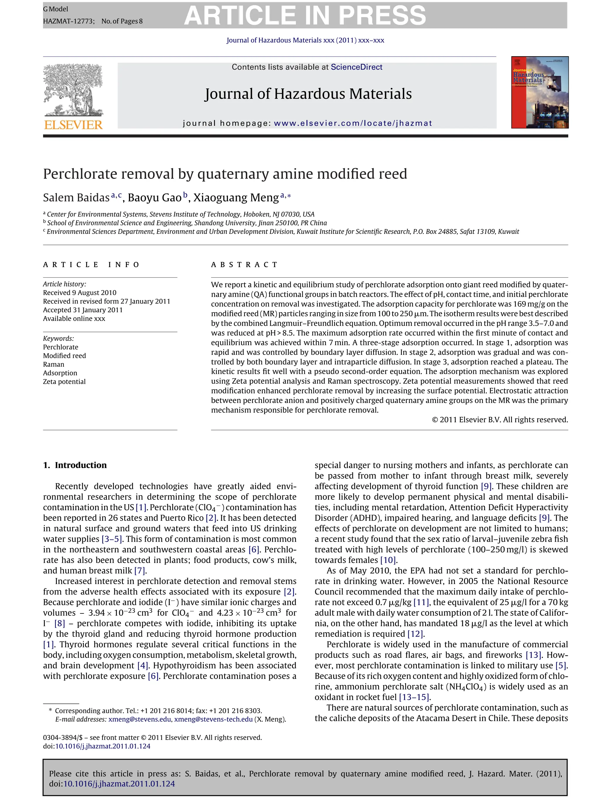 Perchlorate Removal from Contaminated Water | PDF