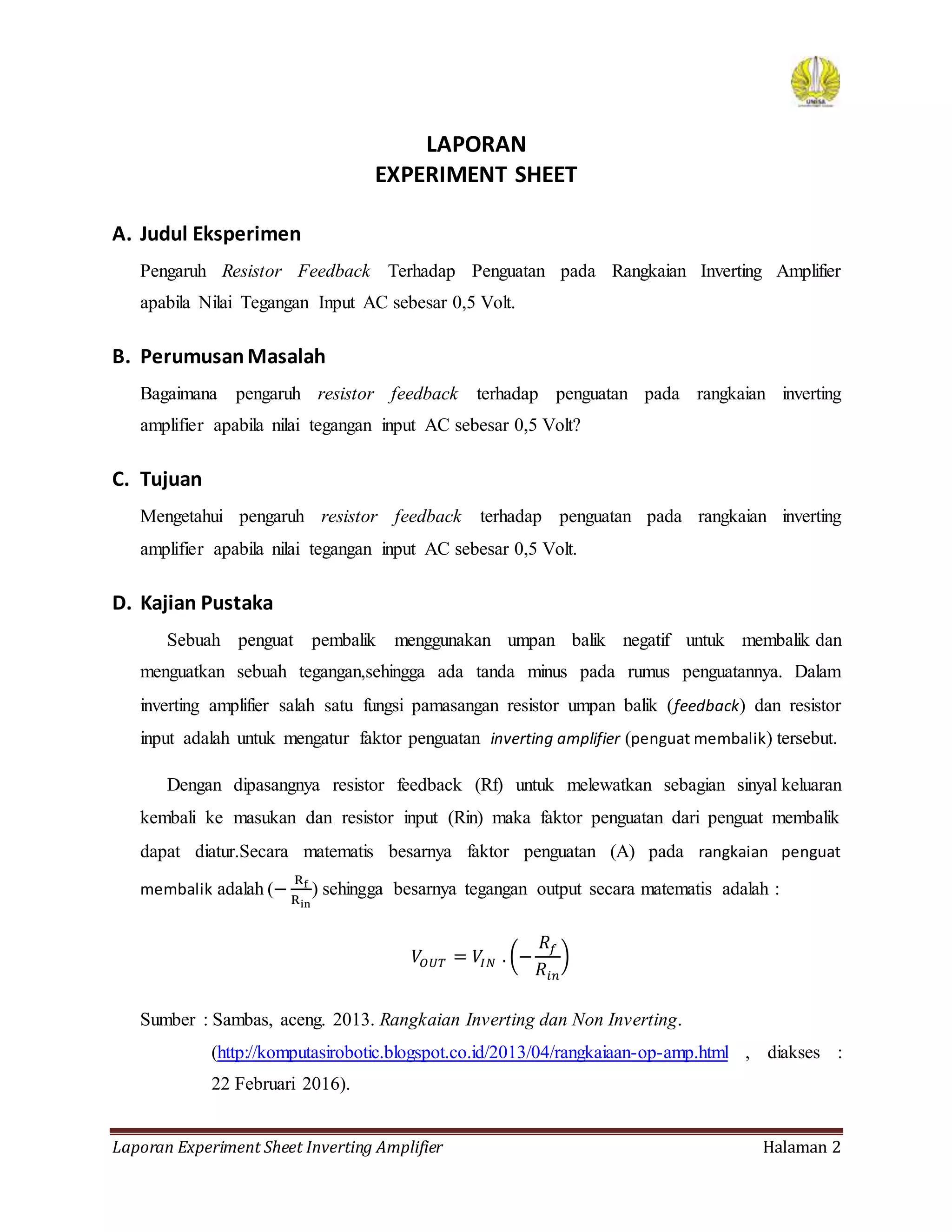 Laporan Percobaan 2 (Inverting Amplifier) | DOCX