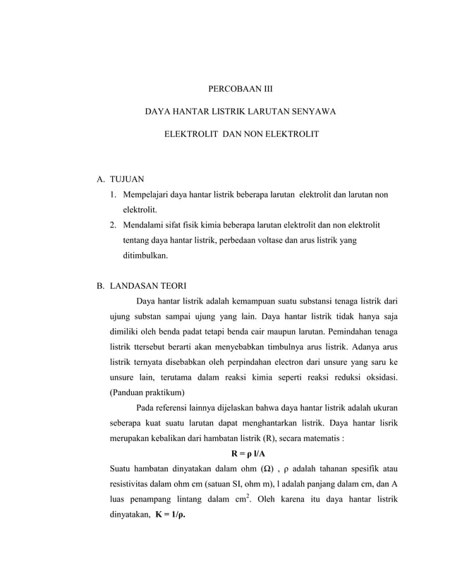 laporan daya hantar listrik larutan elektrolit dna non elektrolit | DOCX