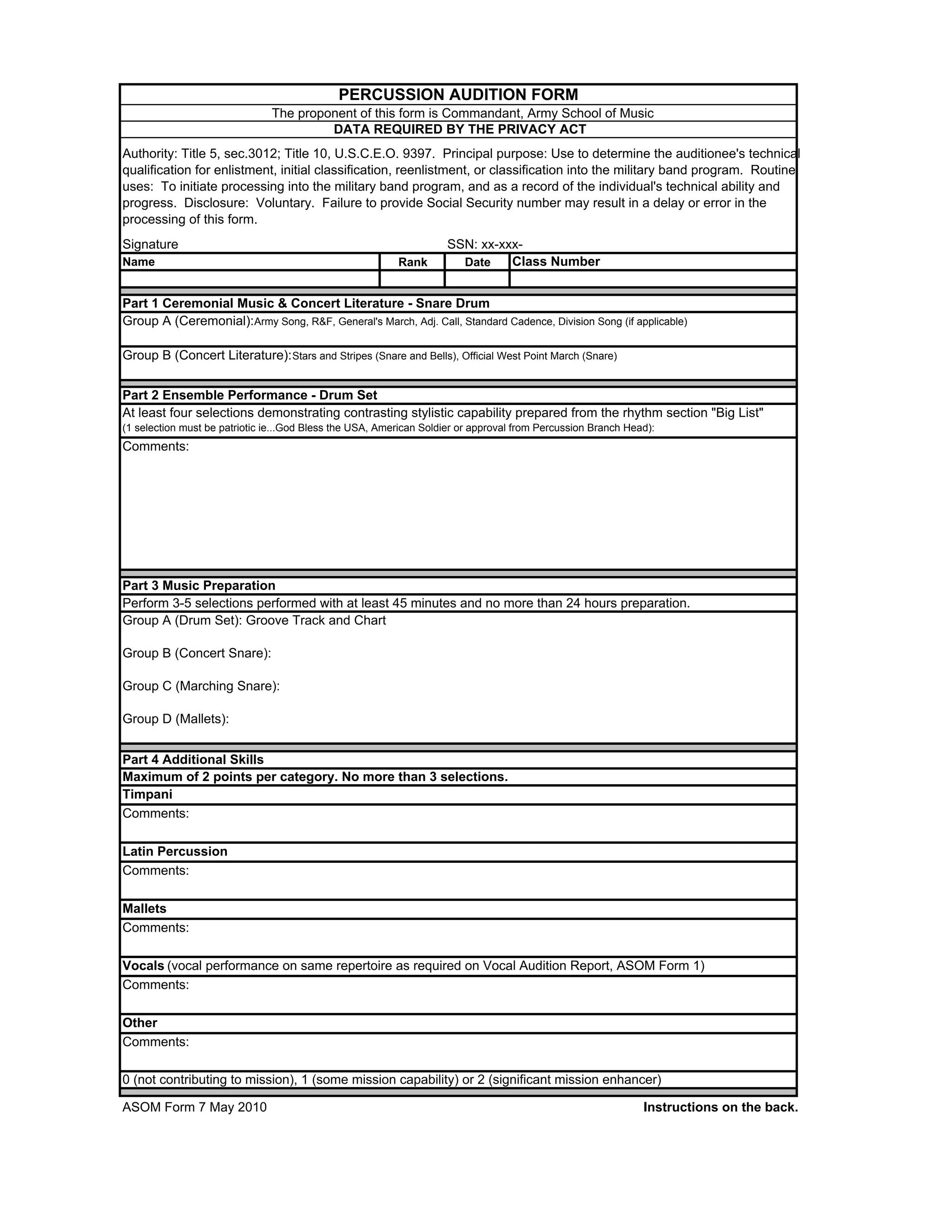 Army Bands Percussion audition form | PDF