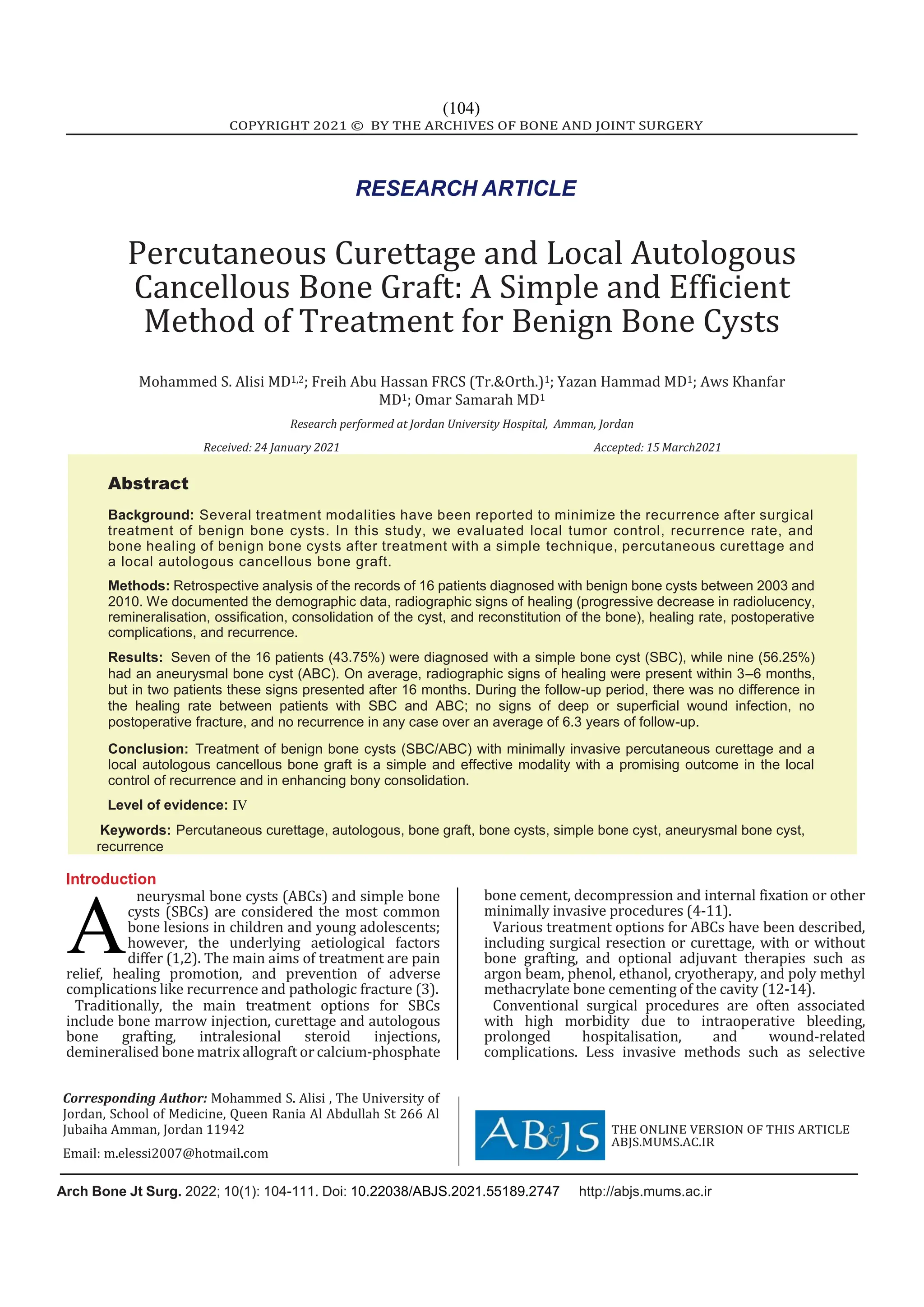 Percutaneous Curettage and Local Autologous Cancellous Bone Graft A ...