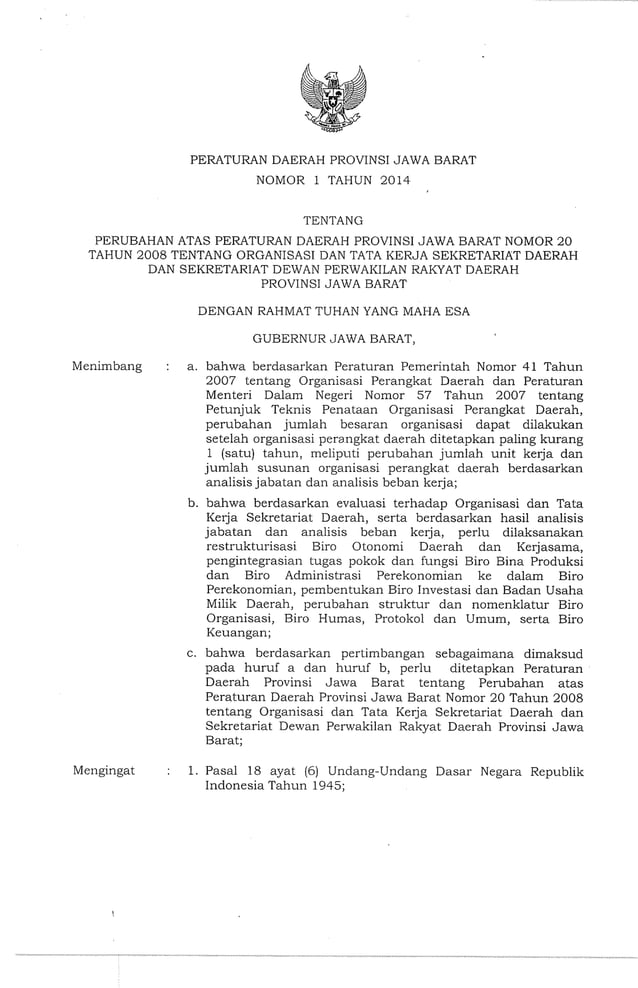 PERDA PROVINSI JAWA BARAT NOMOR 1 TAHUN 2014 | PDF
