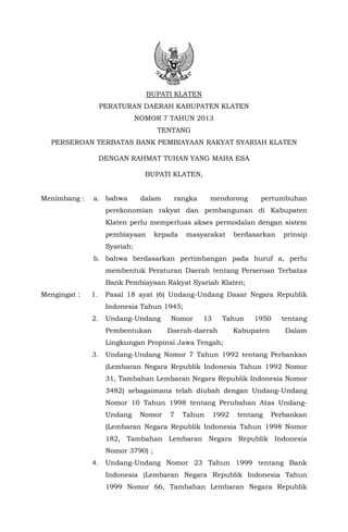 2013 Perda bank syariah bersinar klaten fasilitasi print | PDF