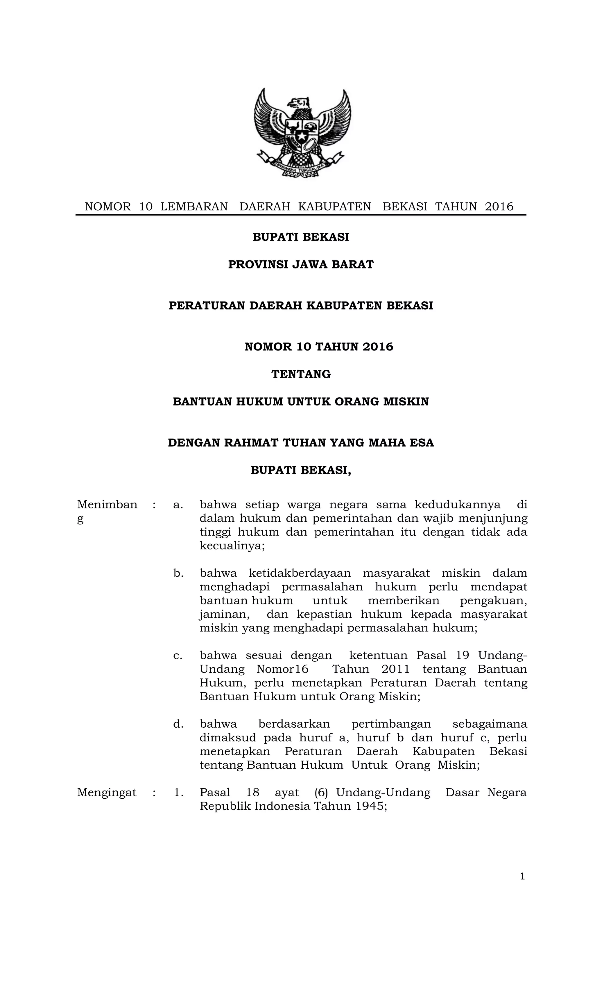 Perda kabupaten bekasi no. 10 tahun 2016 | PDF