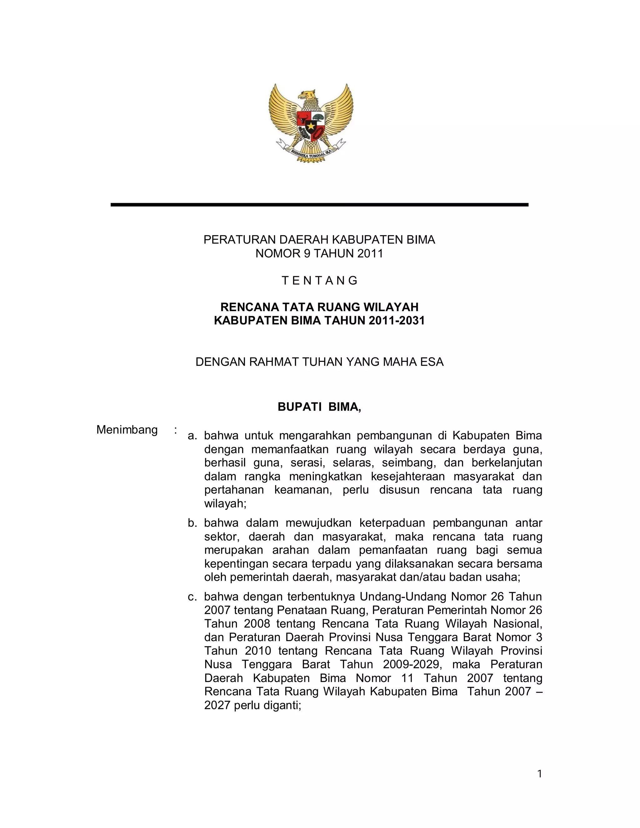 Perda No.9 Tahun 2011 tentang RTRW Kab.Bima tahun 2011 2031 | PDF