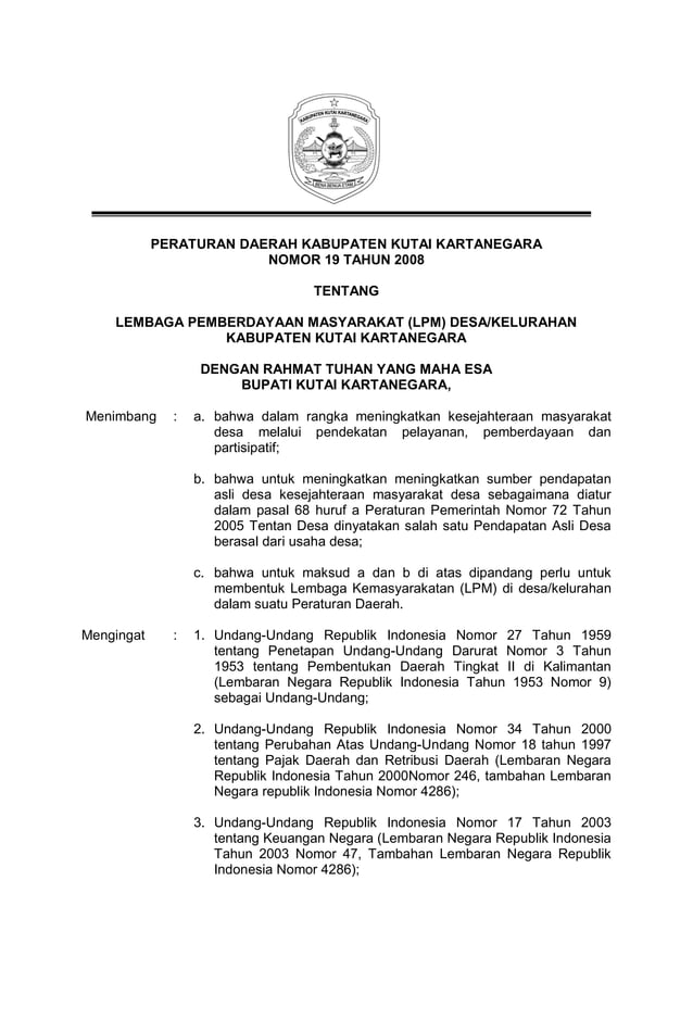 PERATURAN DAERAH KABUPATEN KUTAI KARTANEGARA NOMOR 19 TAHUN 2008 ...