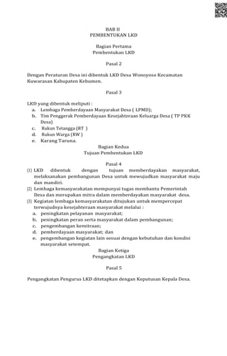 PERATURAN DESA TENTANG PEMBENTUKAN LEMBAGA KEMASYARAKATAN DESA DESA WONOYOSO | PDF