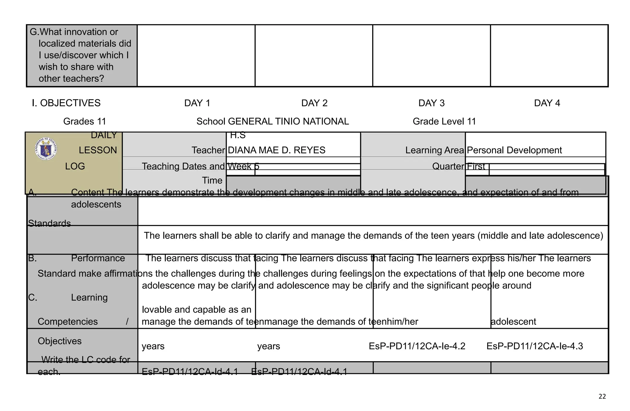 PERSONAL DEVELOPMENT LESSON PLAN COMPLETE.pdf | Educational Assessment ...