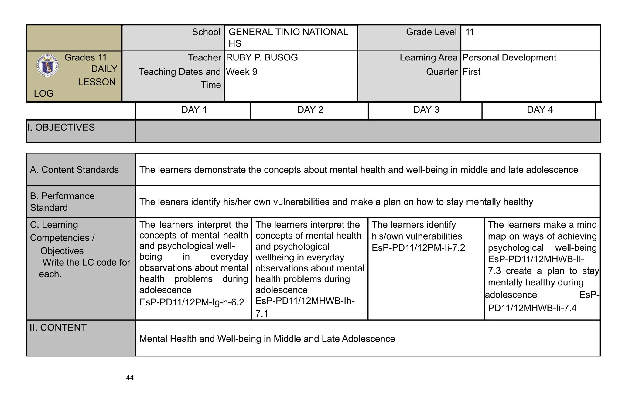 PERSONAL DEVELOPMENT LESSON PLAN COMPLETE.pdf | Educational Assessment ...