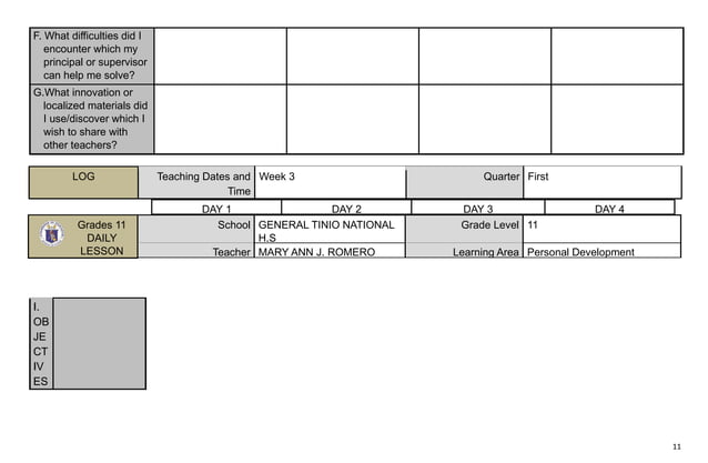 PERSONAL DEVELOPMENT LESSON PLAN COMPLETE.pdf | Educational Assessment | Education