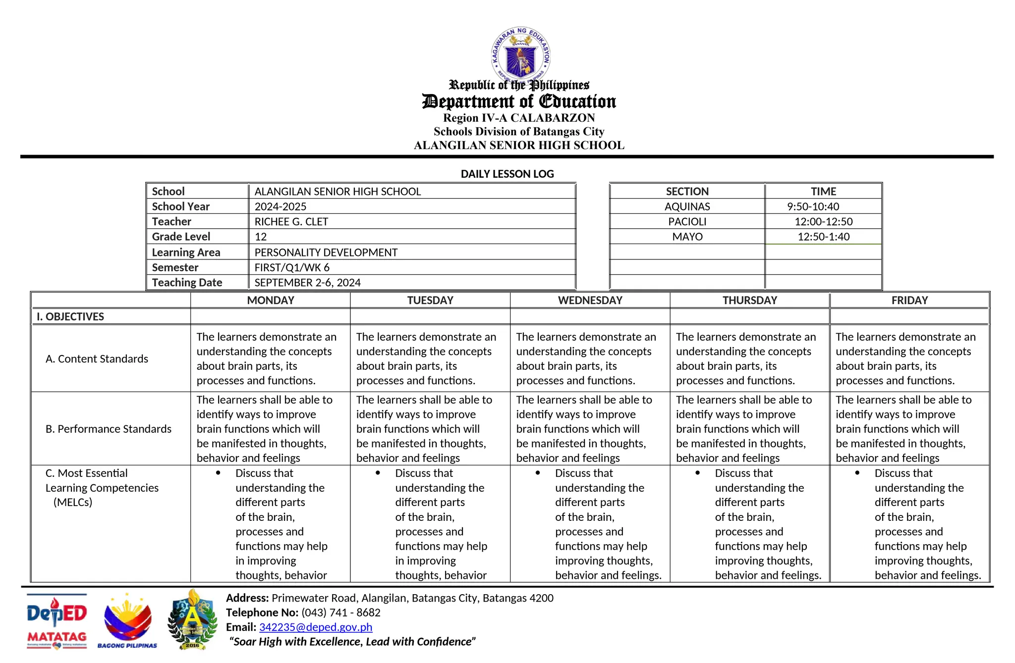 First quarter Personal Development daily lesson log for senior high school | DOCX