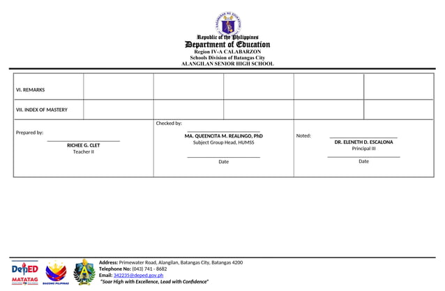 First quarter Personal Development daily lesson log for senior high ...