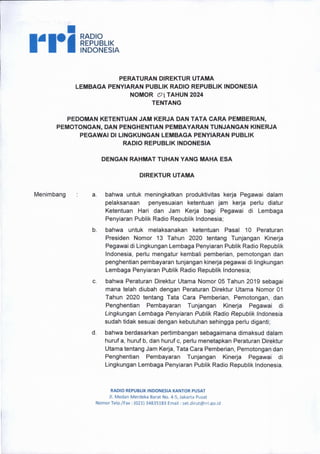 Perdirut RRI Nomor 1 Tahun 2024 tentang kinerja | PDF