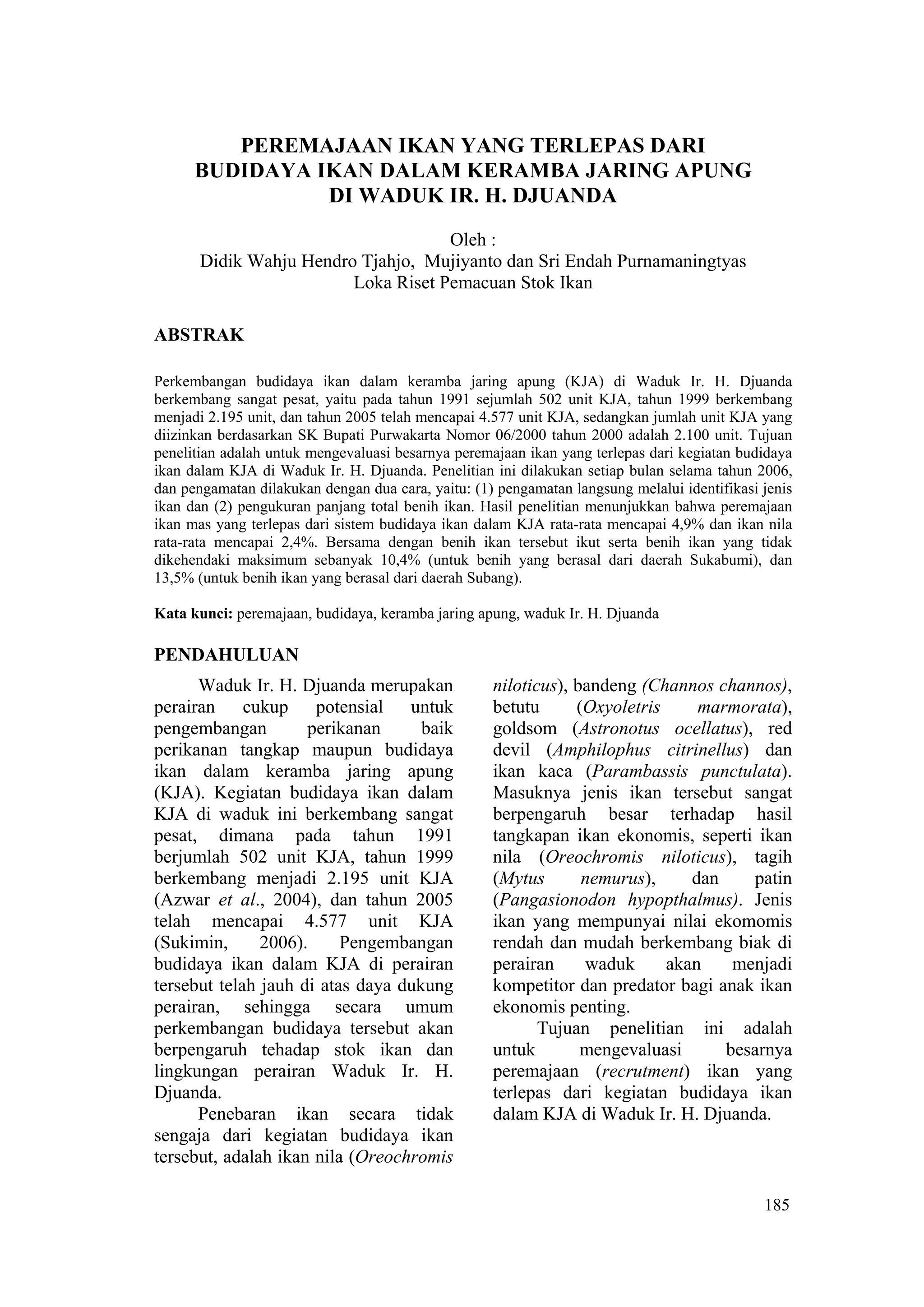 Peremajaan ikan yang terlepas dari budidaya ikan dalam kja waduk ir h ...