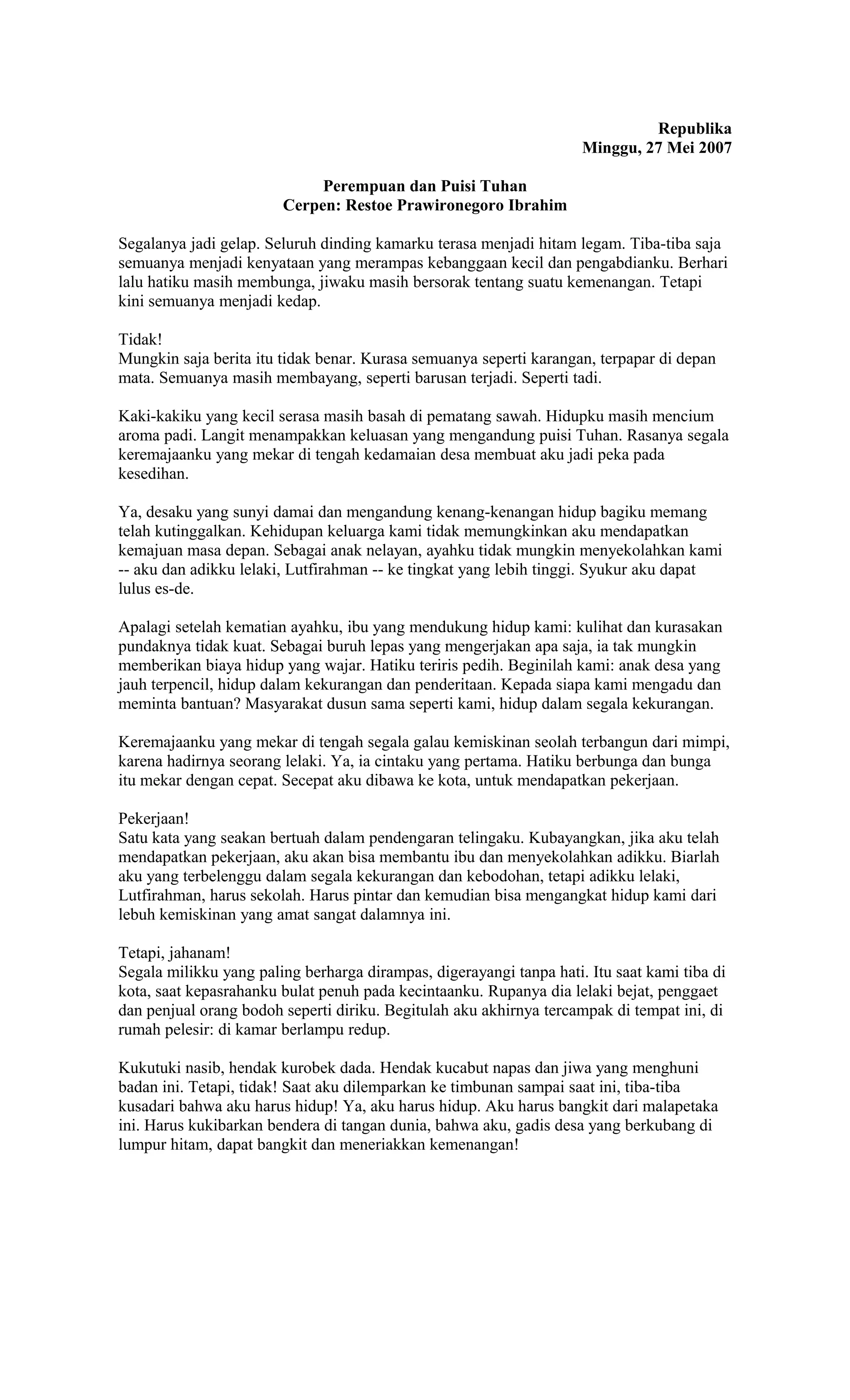 Perempuan dan puisi tuhan (restoe prawironegoro ibrahim) | DOC