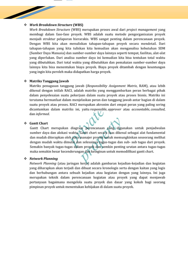 Perencanaan proyek wbs, matrix tanggungjawab, gantt chart, network ...