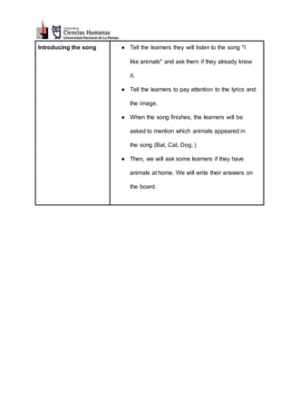 Practical N° 2 - Lesson plan: The animal song for kids | DOC