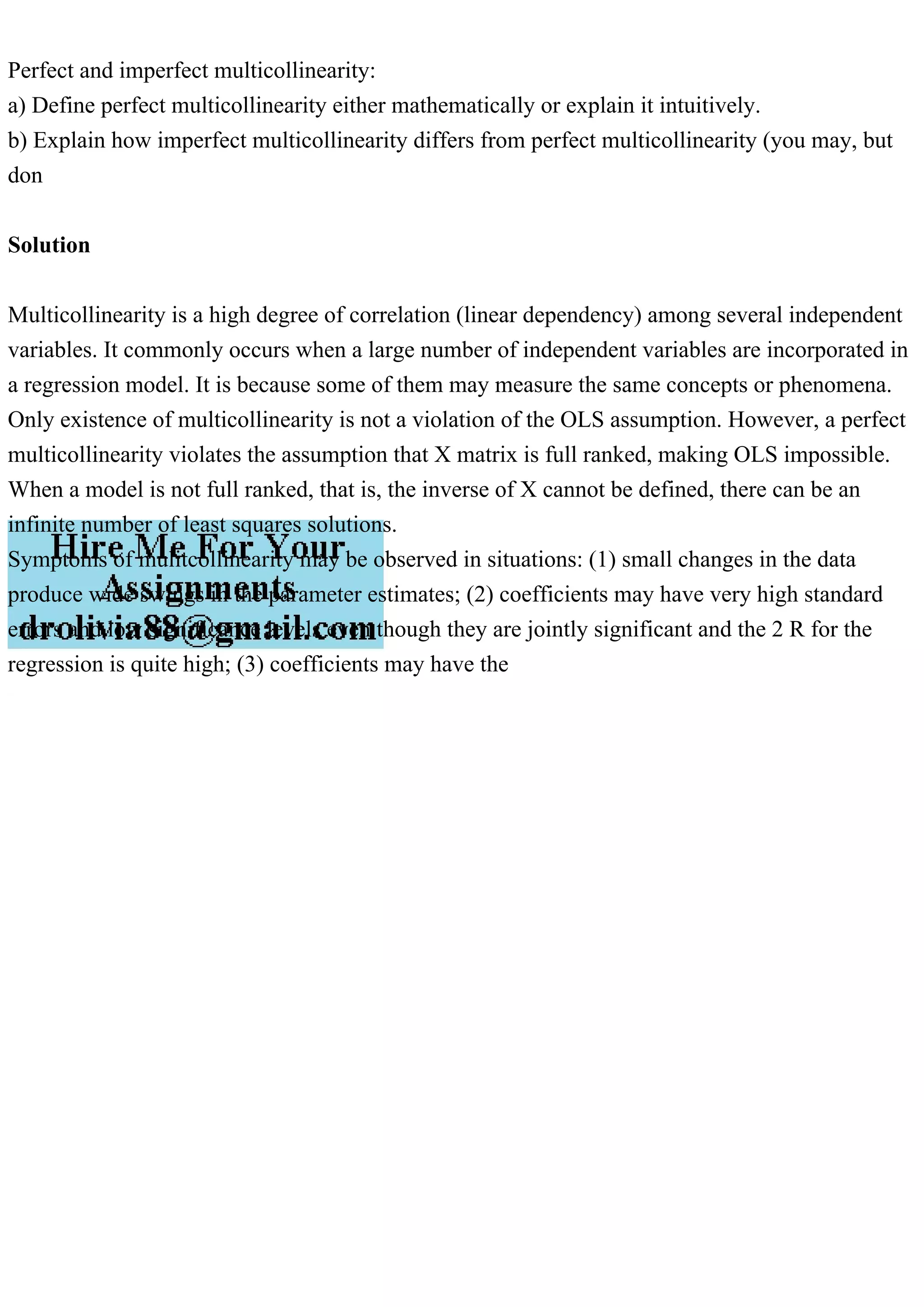 Perfect and imperfect multicollinearitya) Define perfect multicol.pdf