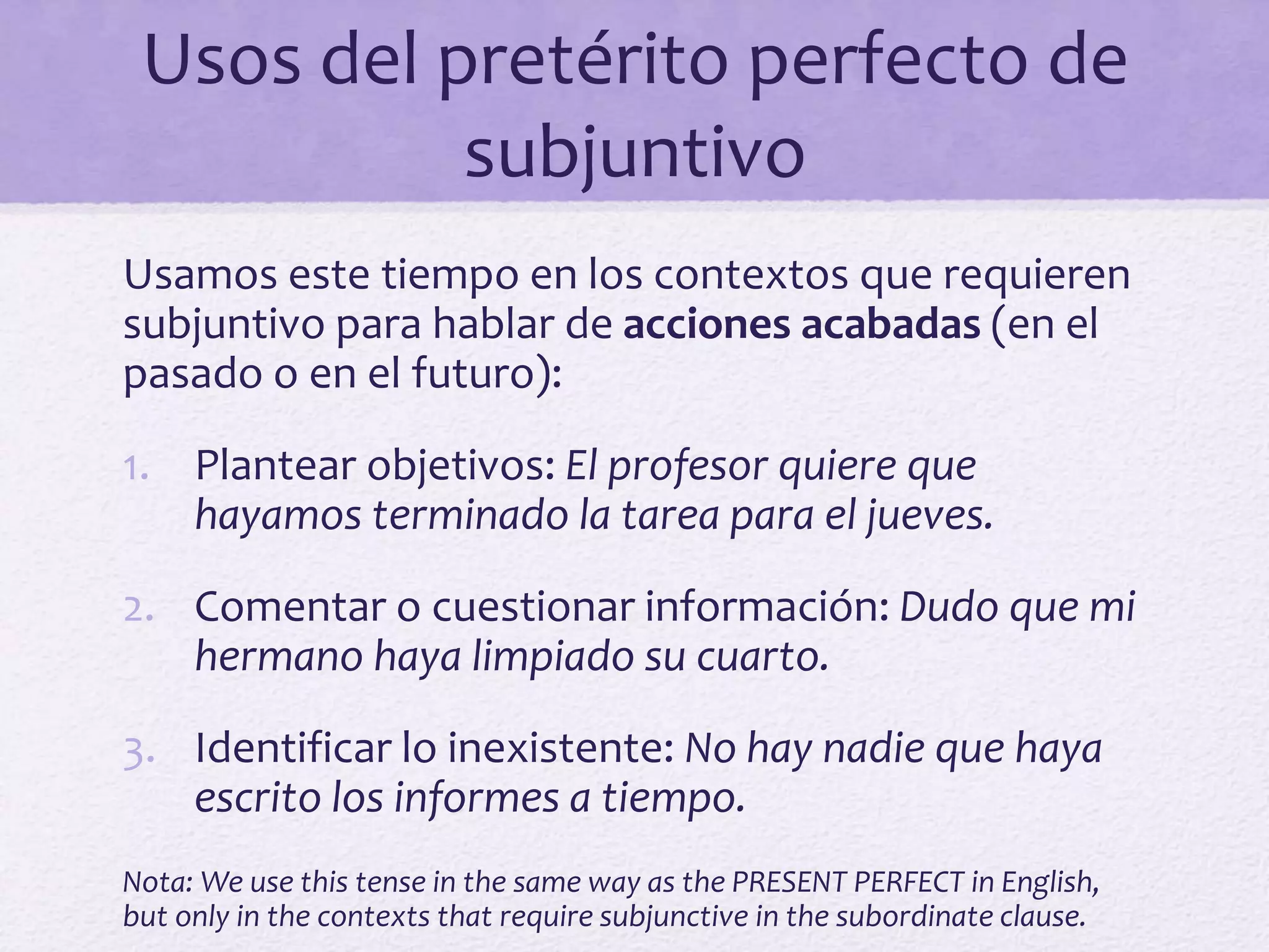 Perfecto y pluscuamperfecto de subjuntivo | PPTX