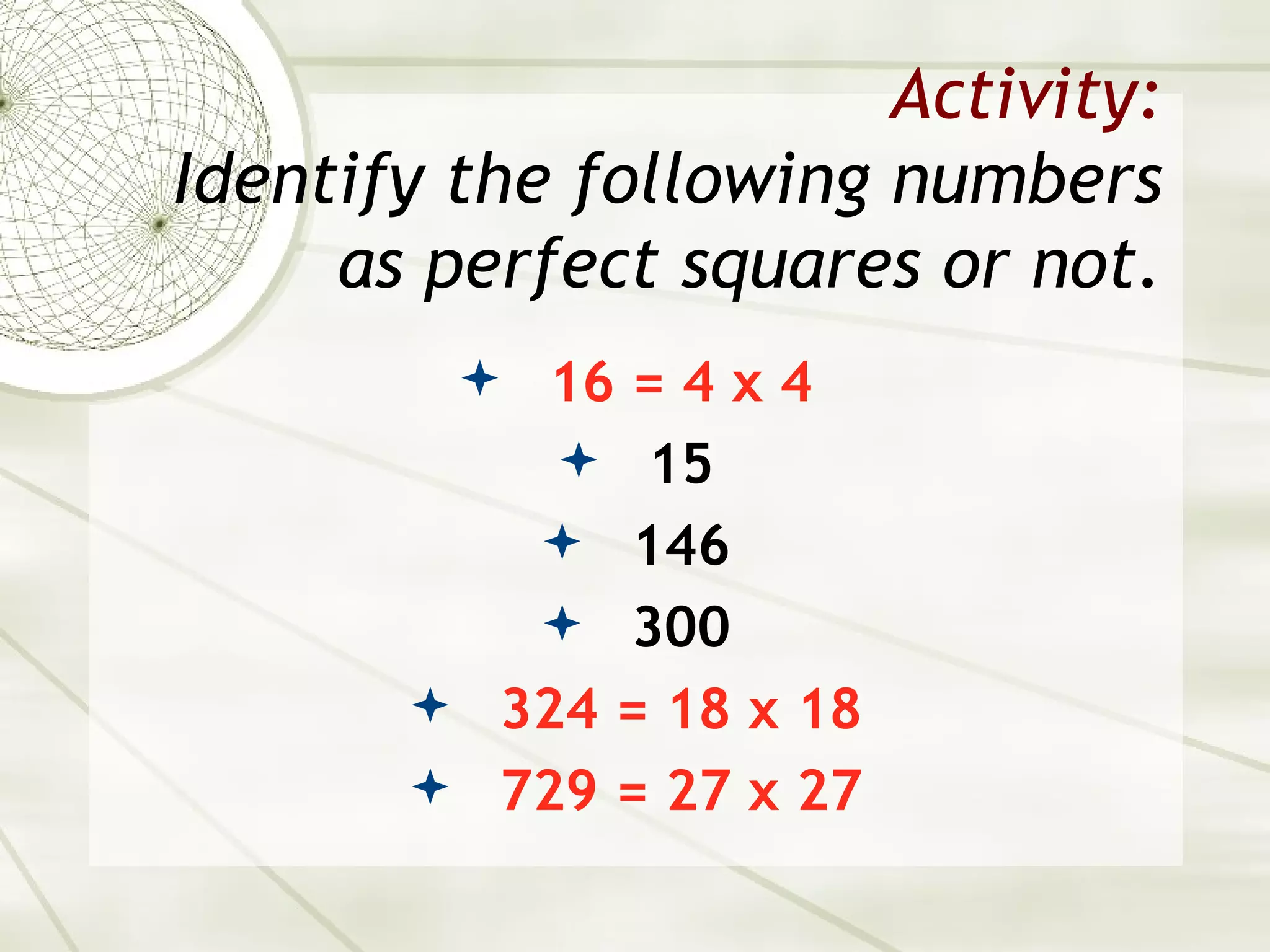 Perfect squares & square roots lesson 12 | PPT