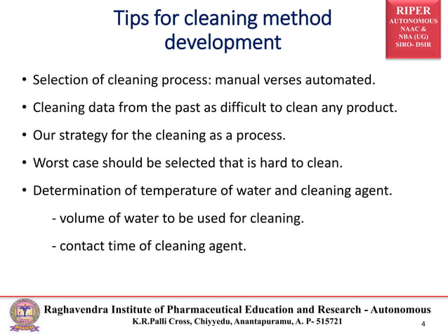 CLEANING METHOD DEVELOPMENT | PPTX | Chemistry | Science