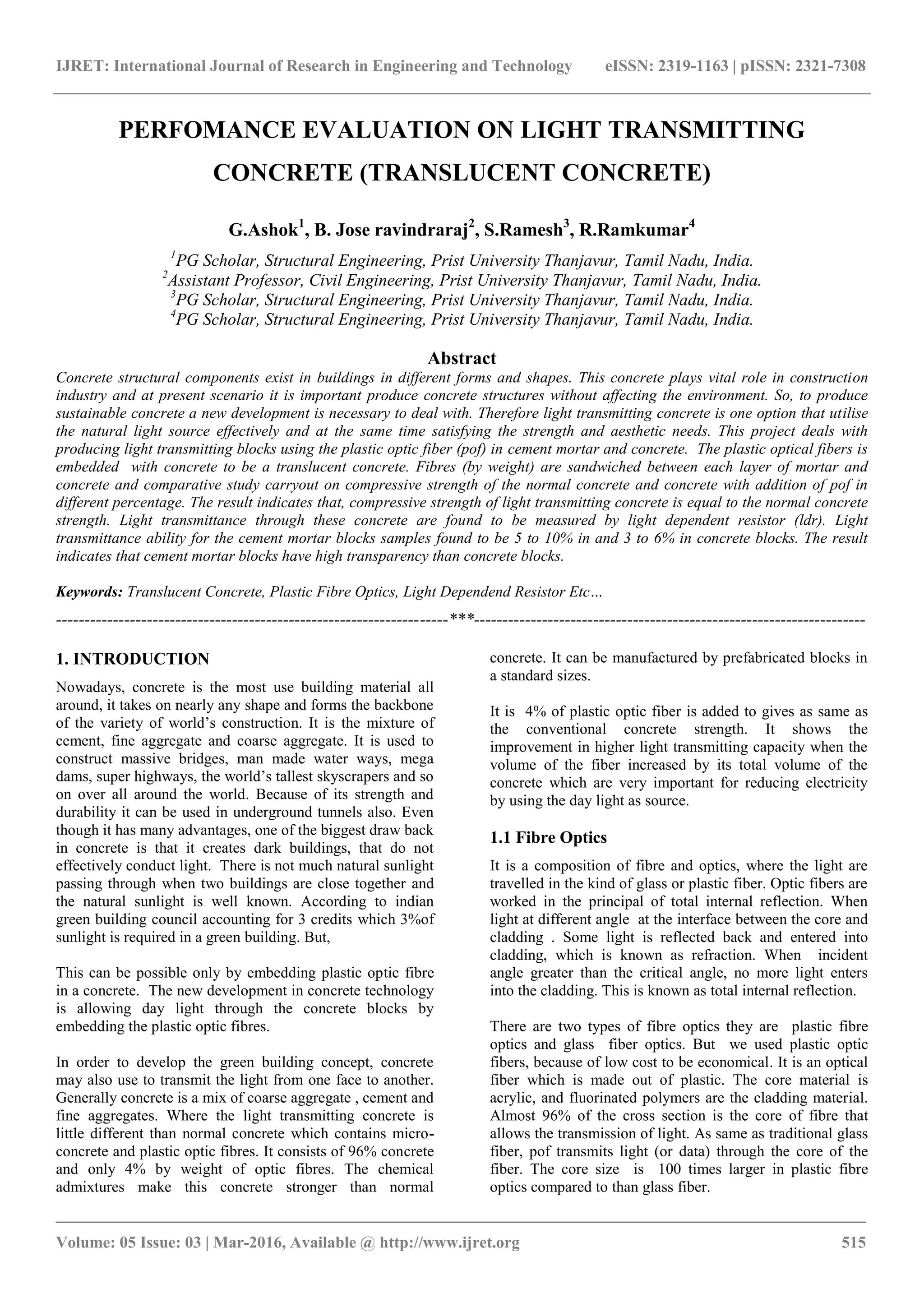 Perfomance evaluation on light transmitting concrete (translucent concrete) | PDF