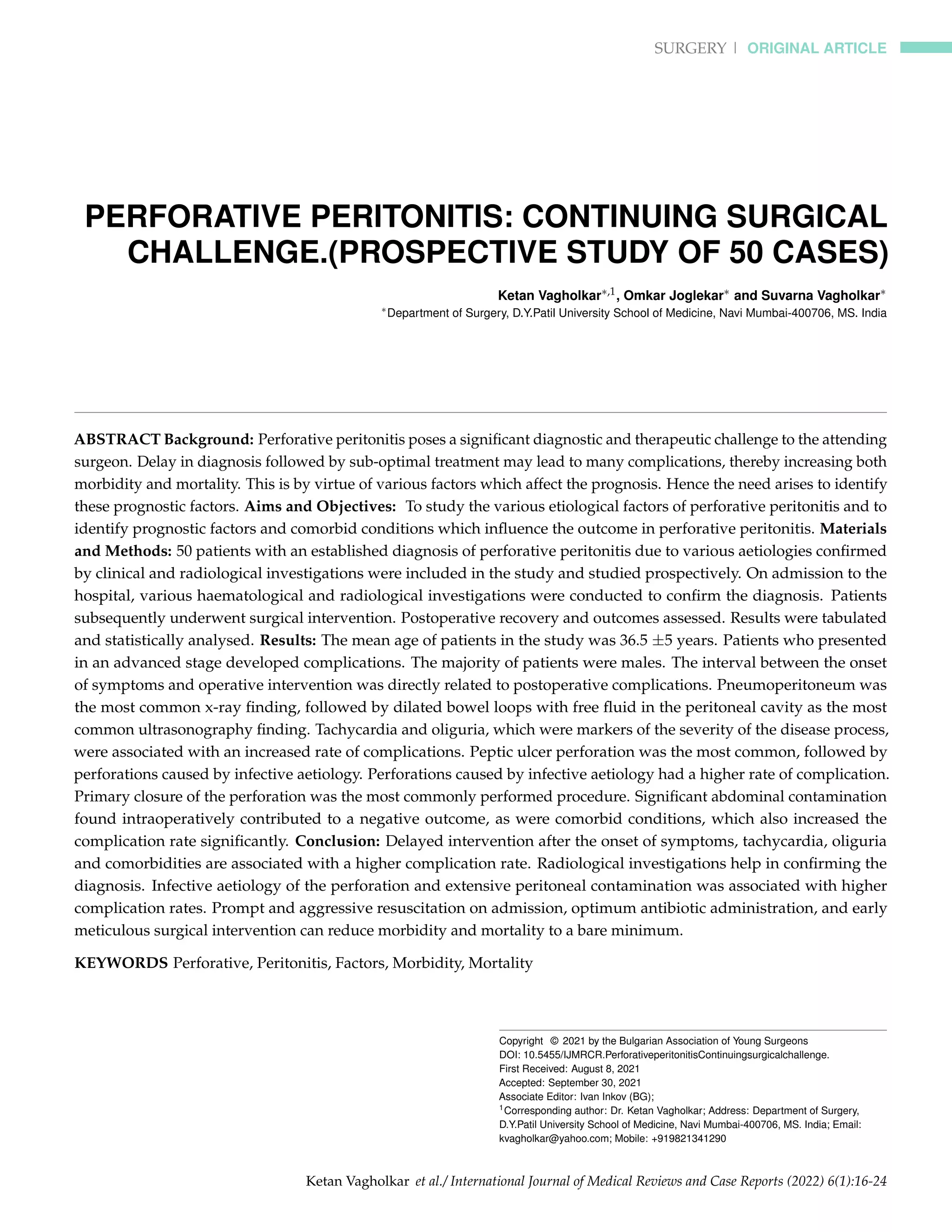 PERFORATIVE PERITONITIS: CONTINUING SURGICAL CHALLENGE.(PROSPECTIVE ...