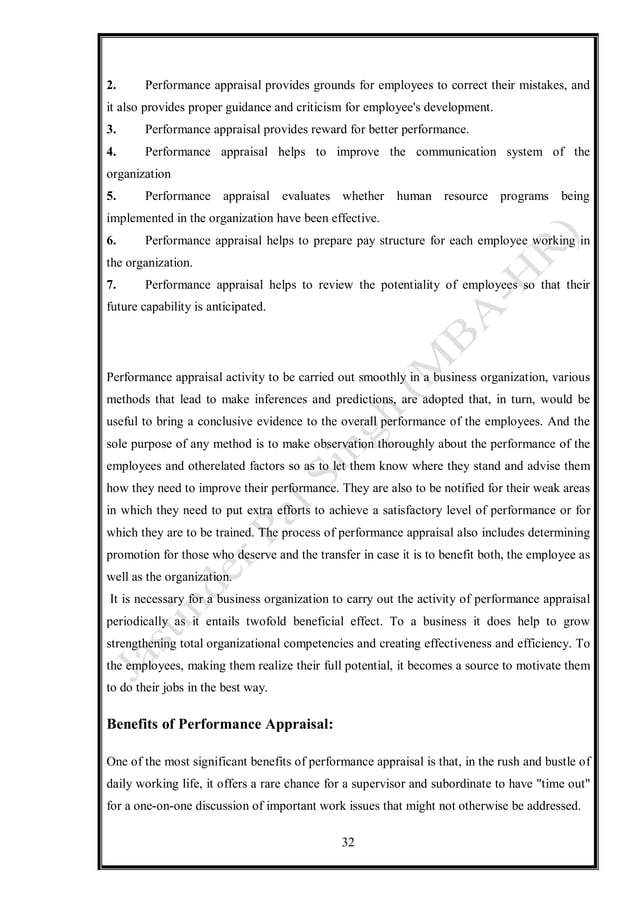 Performance appraisal (MBA summer training project) (Report File) | PDF