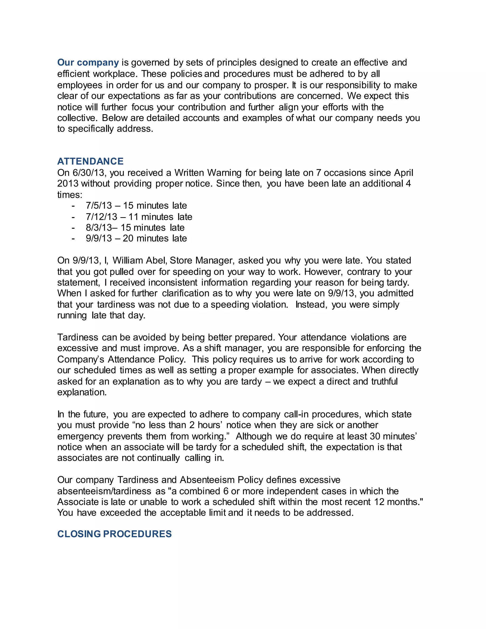 Performace Warning_Sample | DOCX