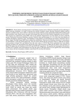 PERFORMA MOTOR DIESEL MENGGUNAKAN BAHAN BAKAR CAMPURAN MINYAK PIROLISIS.pdf