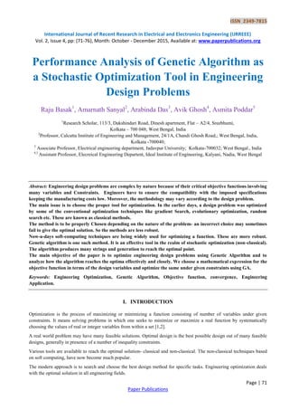 Performance Analysis of Genetic Algorithm as a Stochastic Optimization Tool in Engineering ...